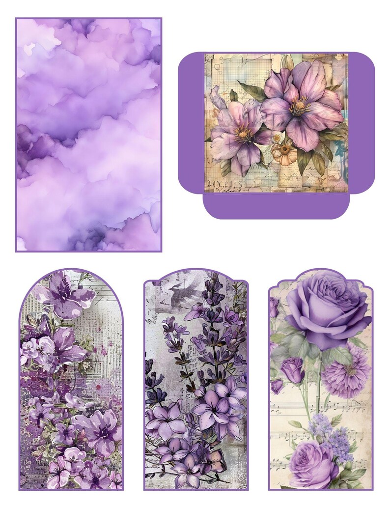 Purple Flower Printable Pockets and Tags, Junk Journal Ephemera (PDF ...
