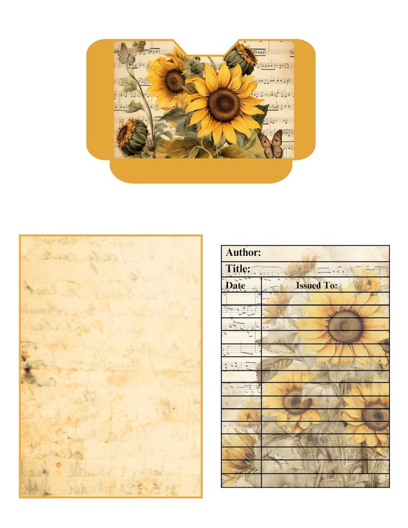 Sunflower Library Pockets & Cards, Loaded Pocket Tags, Floral Ephemera ...