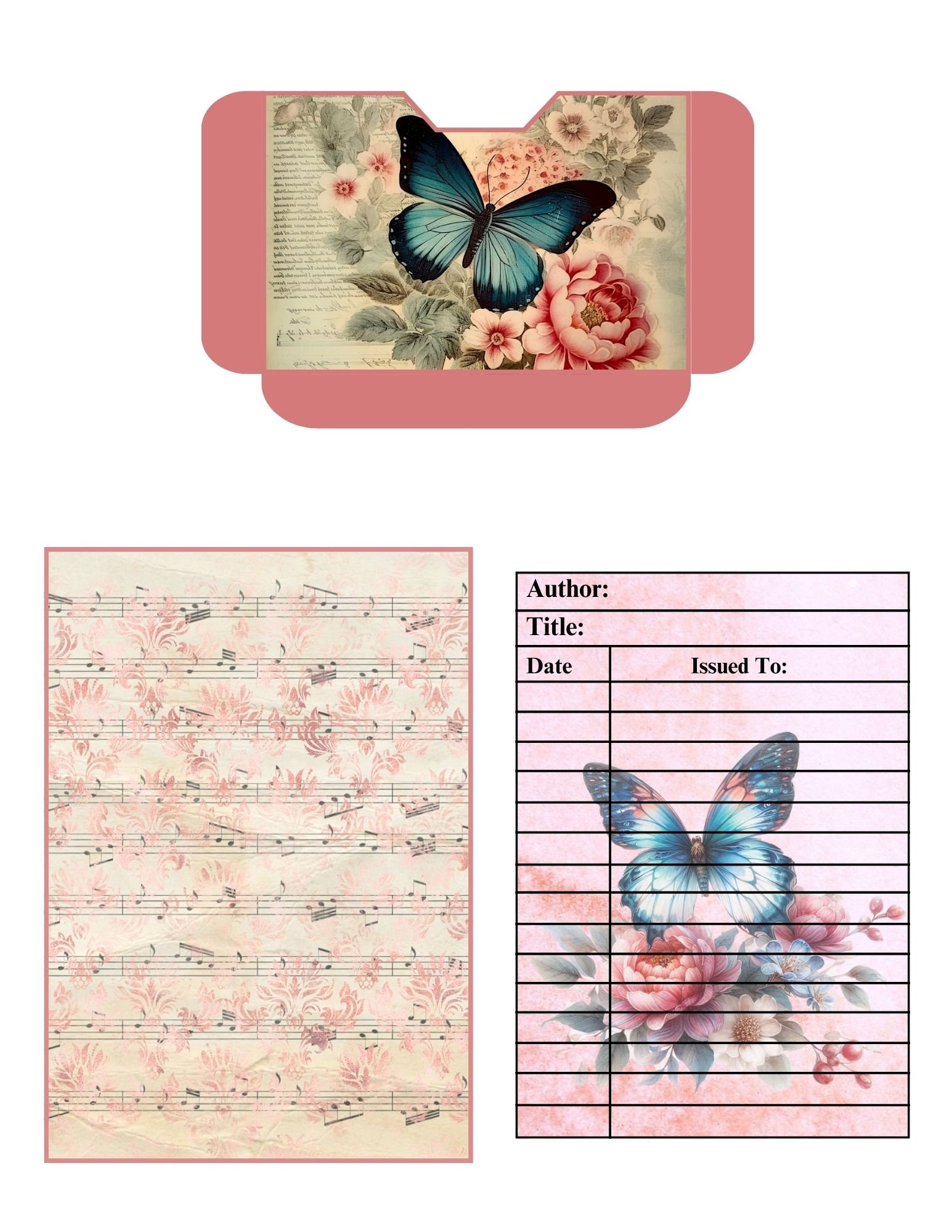 Butterfly Library Pockets & Cards, Loaded Pocket Tags, Floral Ephemera ...