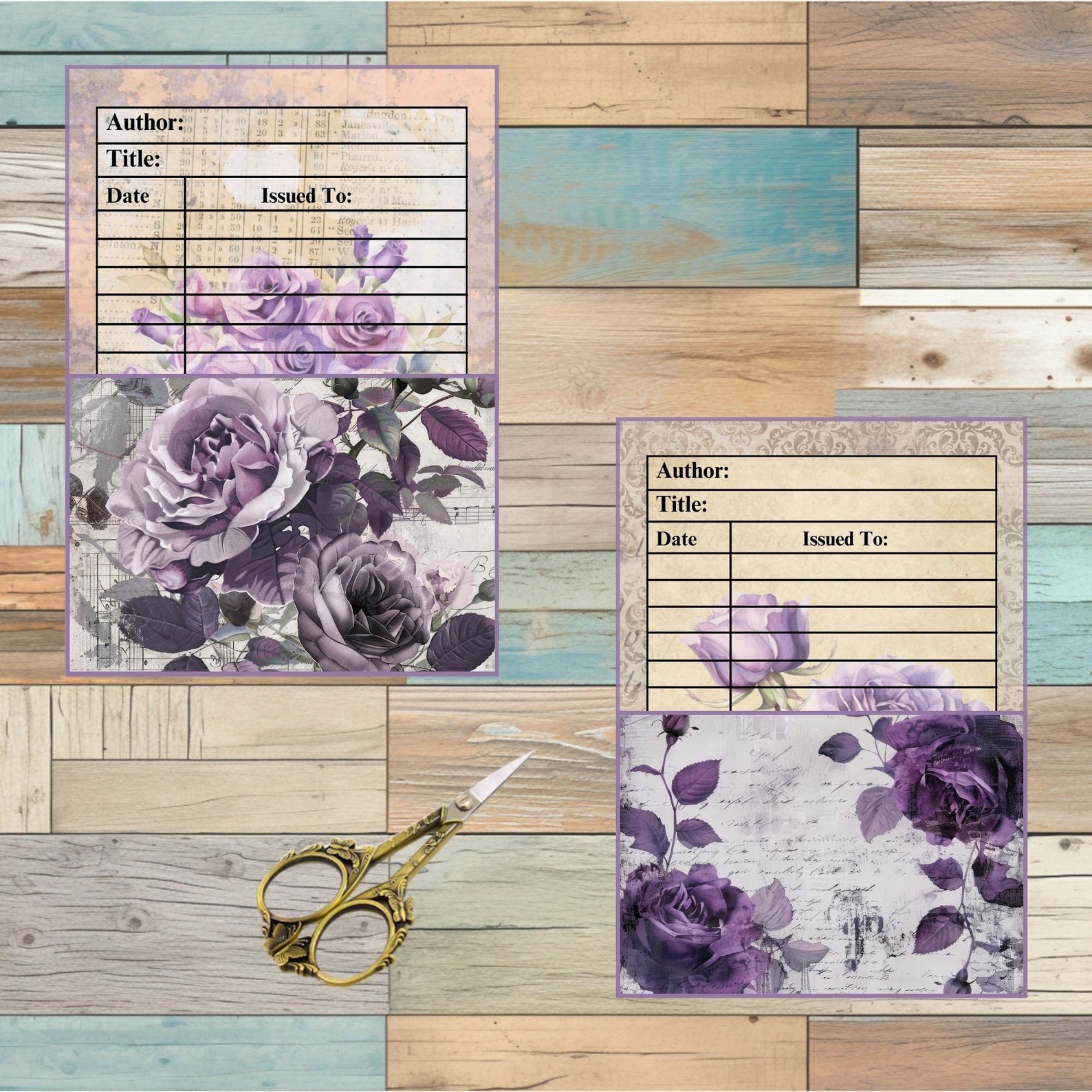 Purple Roses Library Pockets & Cards, Loaded Pocket Tags, Floral ...