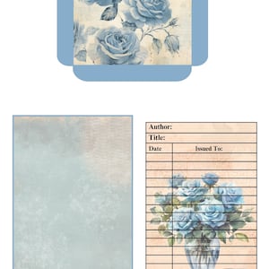 Blue Roses Library Pockets & Cards, Loaded Pocket Tags, Floral Ephemera ...