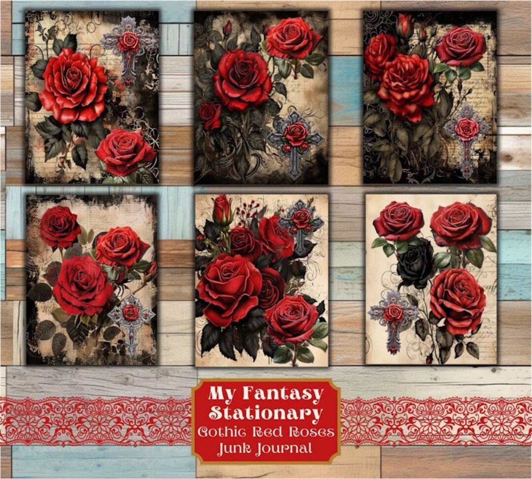 Gothic Red Roses Junk Journal Digital Paper, 6 Digital Journal Pages ...