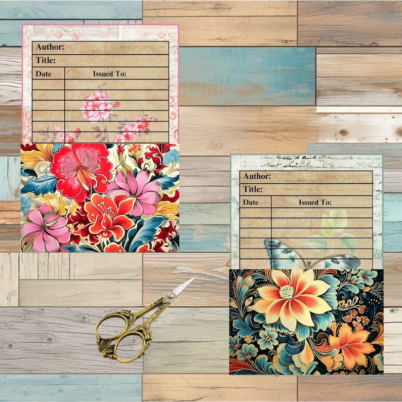 Vintage Floral Library Card Pockets, Junk Journal Ephemera (digital ...