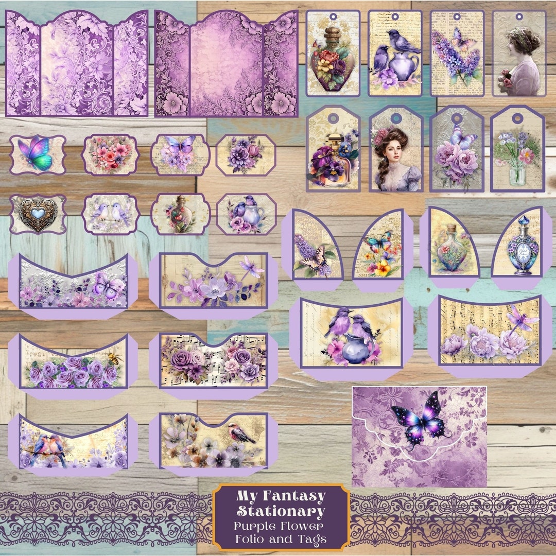 Purple Flowers Junk Journal, Mix & Match Pockets, Printable Ephemera ...