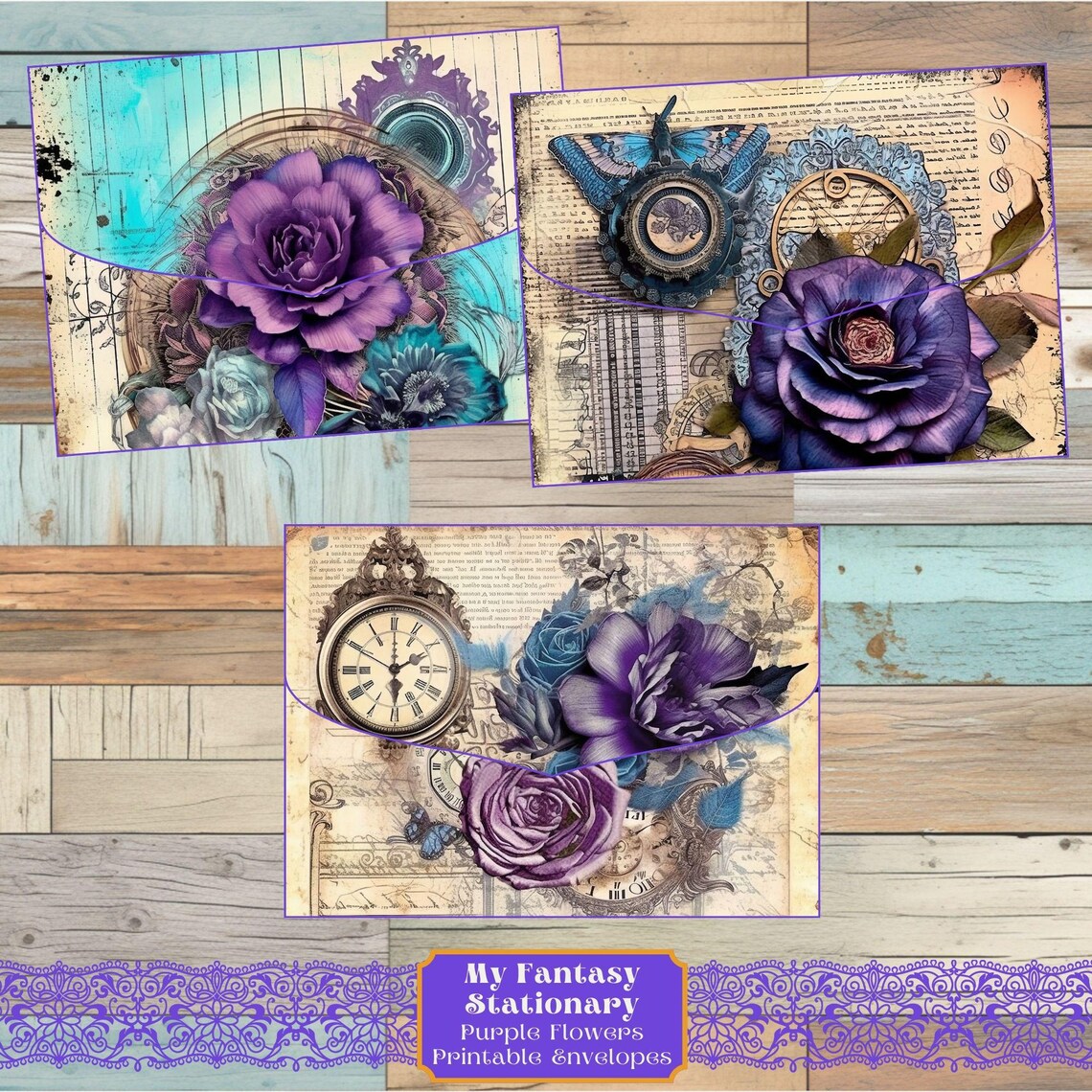 Purple Flowers Printable Envelopes, Junk Journal Stationery (PDF) - Etsy