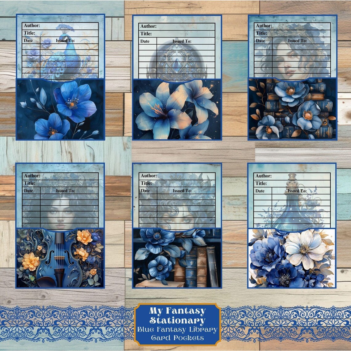 Blue Fantasy Library Pockets & Cards, Loaded Pocket Tags, Floral ...