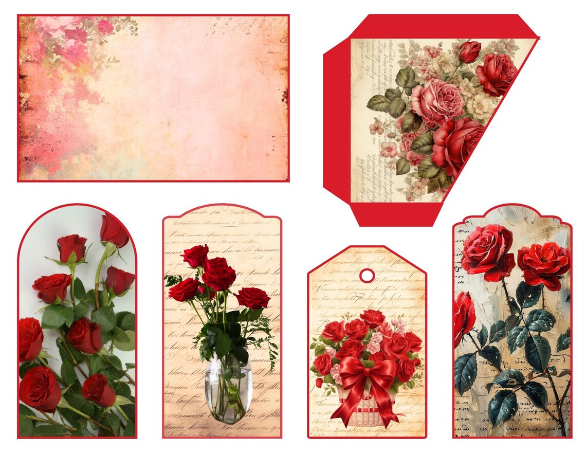 Red Roses Printable Pockets and Tags, Loaded Pocket Tags, Junk Journal ...