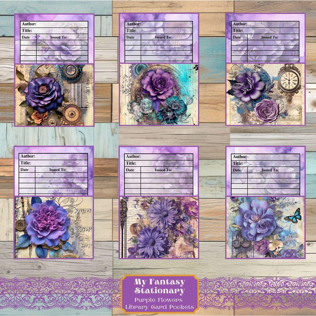 Purple Flowers Library Pocket Cards, Floral Ephemera (digital Download ...