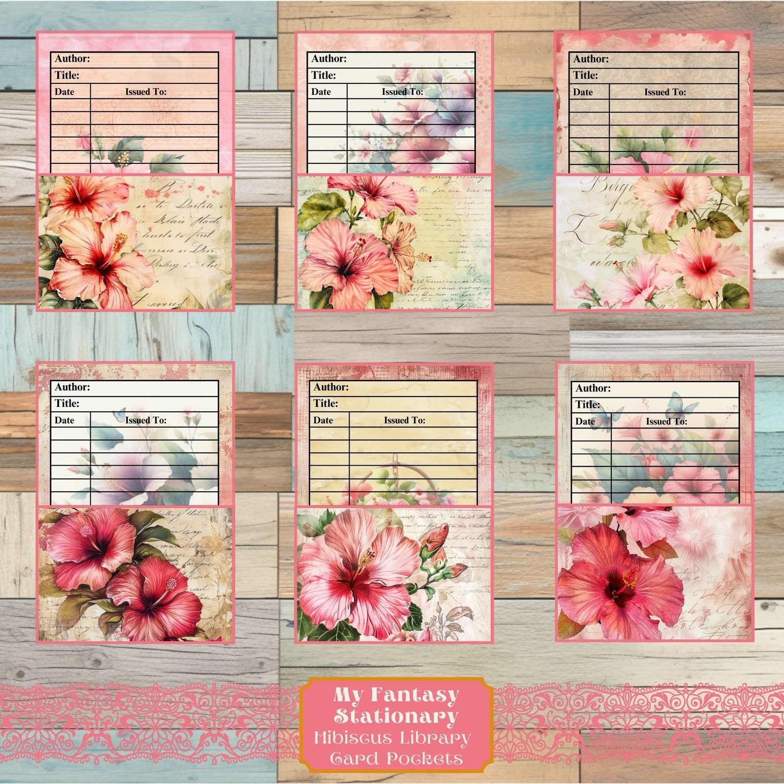 Hibiscus Library Pockets & Cards, Loaded Pocket Tags, Floral Ephemera ...