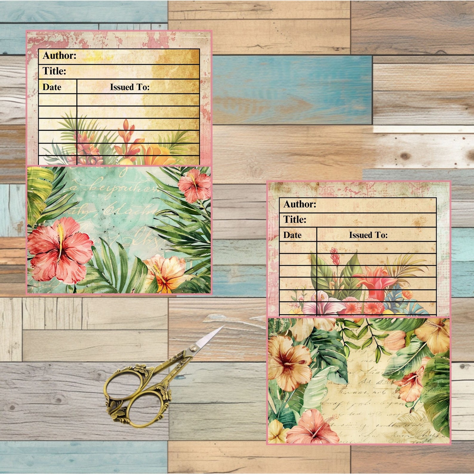 Tropical Flowers Library Pockets & Cards, Loaded Pocket Tags, Floral ...