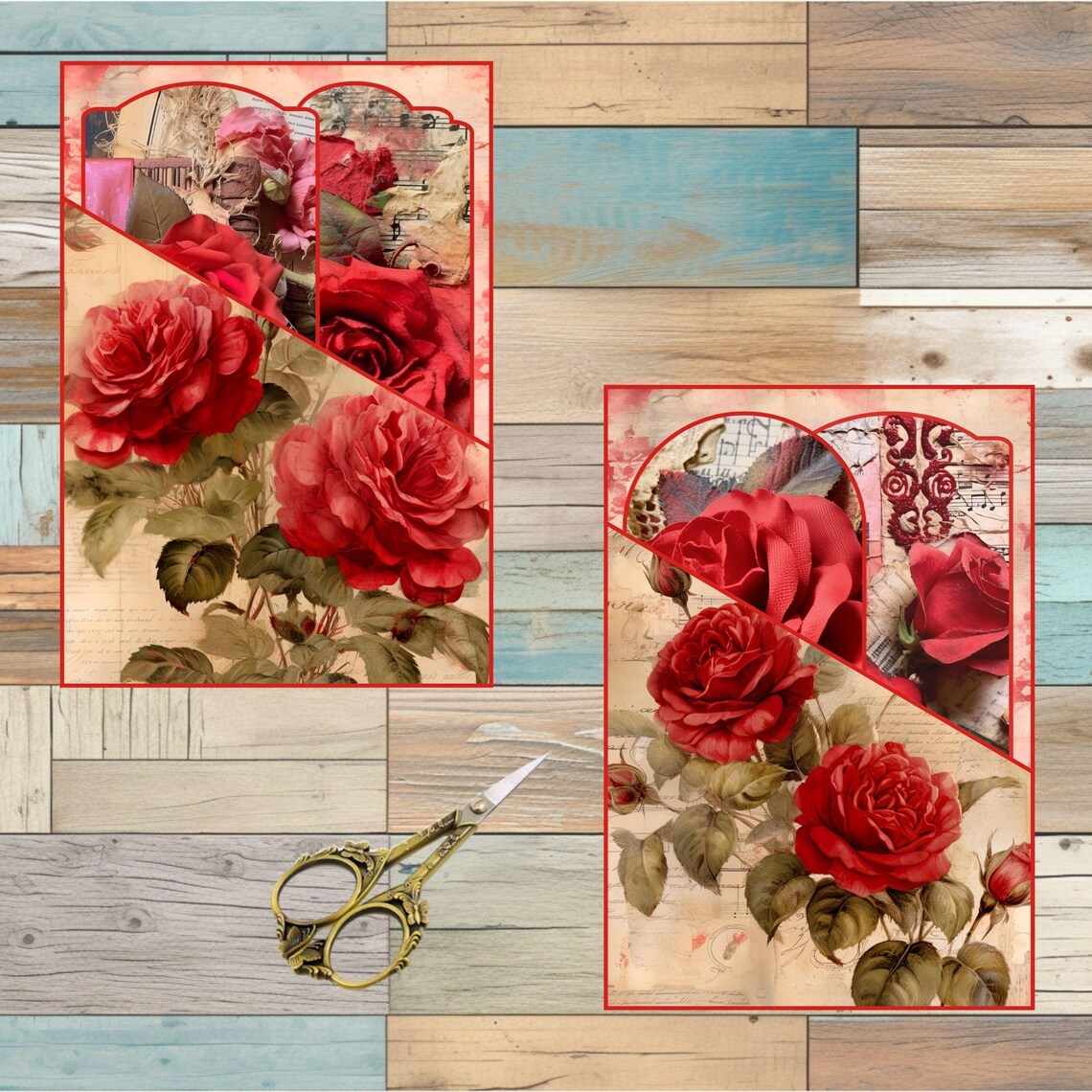 Red Roses Printable Pockets and Tags, Junk Journal Ephemera (digital ...