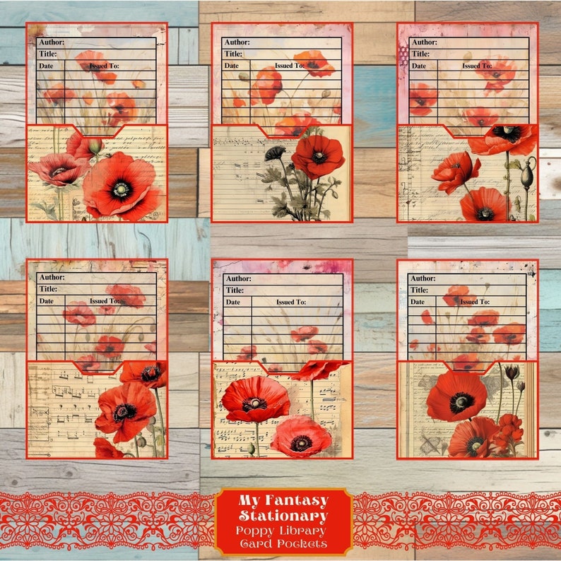Poppy Library Pockets & Cards, Loaded Pocket Tags, Floral Ephemera ...