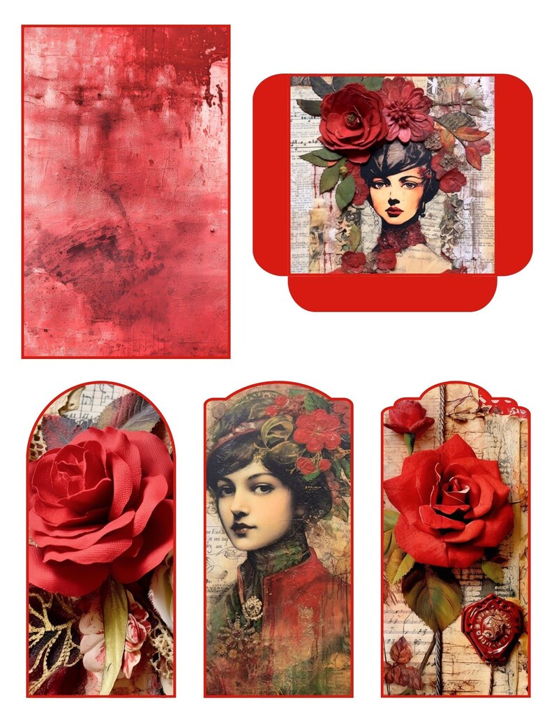 Red Rose Women Printable Pockets and Tags, Junk Journal Ephemera ...