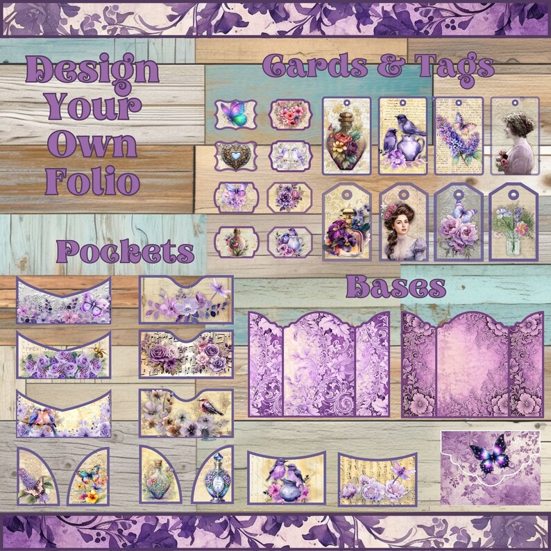 Purple Flowers Junk Journal, Mix & Match Pockets, Printable Ephemera ...