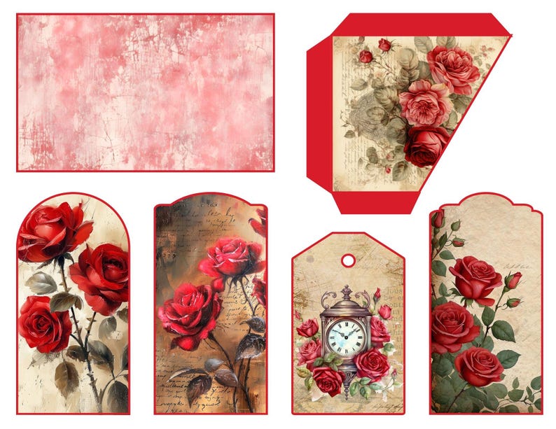 Red Roses Printable Pockets and Tags, Loaded Pocket Tags, Junk Journal ...