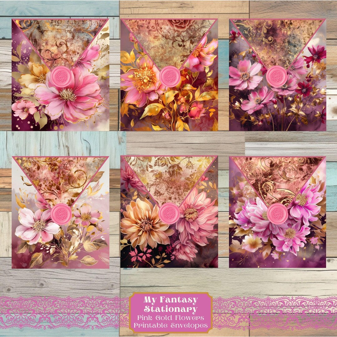 Pink Gold Floral Envelopes, Printable Stationery Kit (digital Download ...