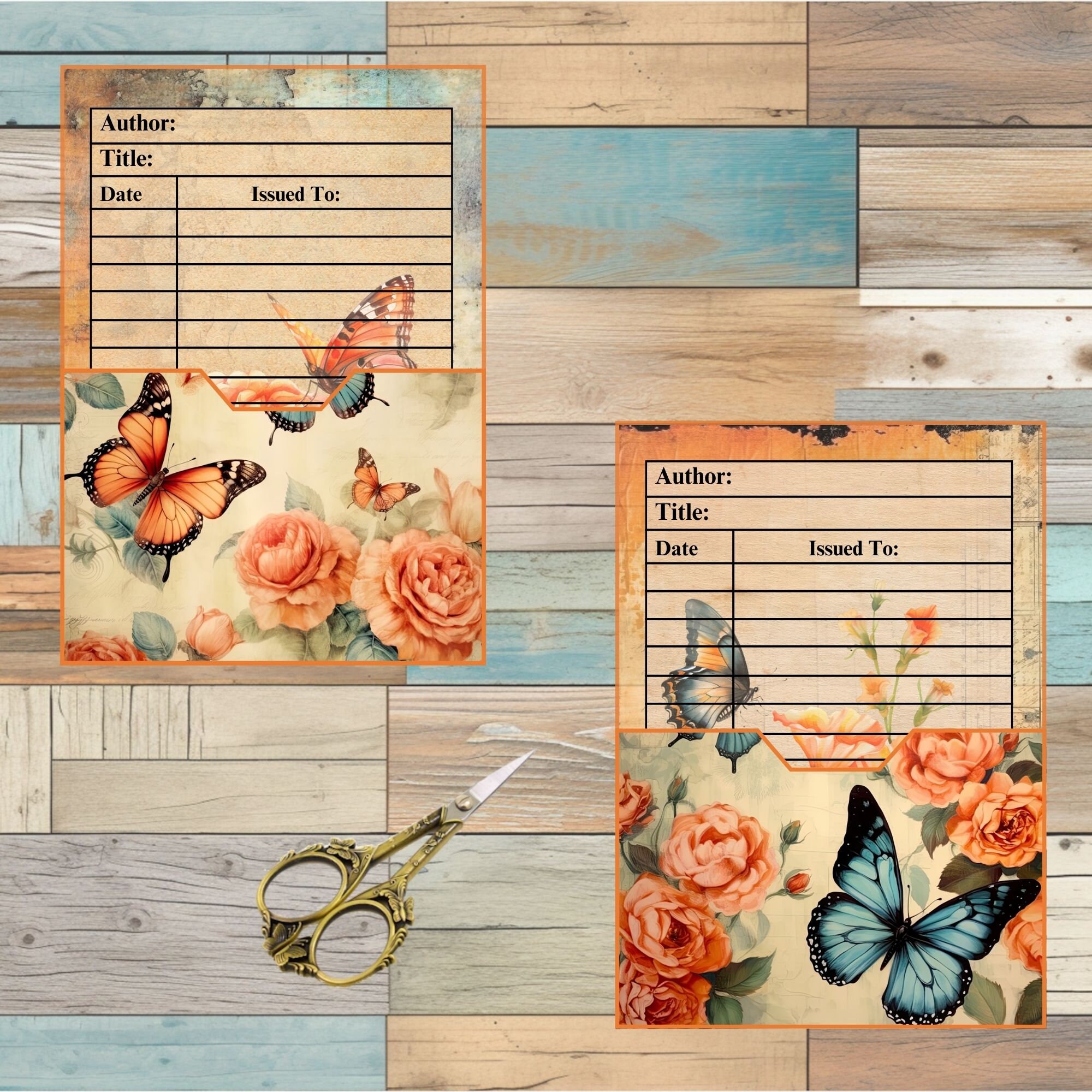 Butterfly Library Pockets & Cards, Loaded Pocket Tags, Floral Ephemera ...