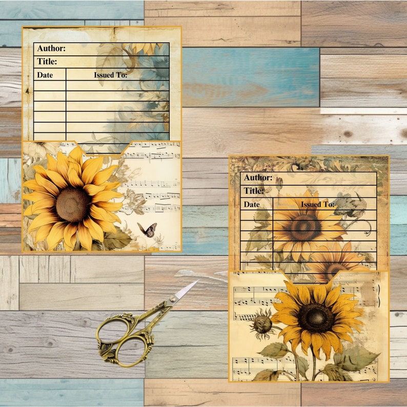 Sunflower Library Pockets & Cards, Loaded Pocket Tags, Floral Ephemera ...