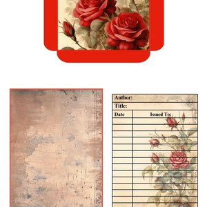 Red Roses Library Pockets & Cards, Loaded Pocket Tags, Floral Ephemera ...