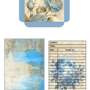 Blue Roses Library Pockets & Cards, Loaded Pocket Tags, Floral Ephemera ...