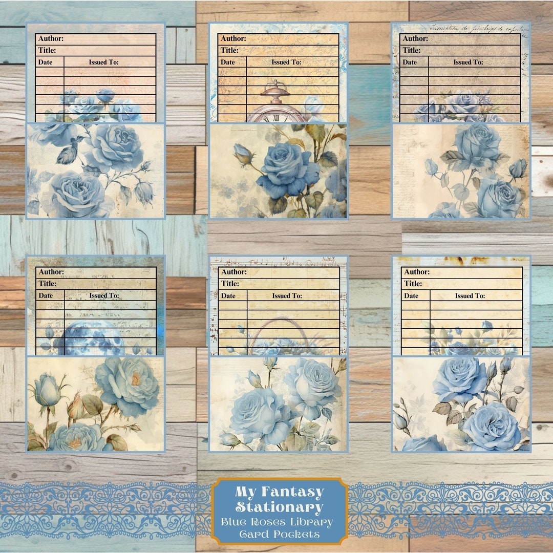 Blue Roses Library Pockets & Cards, Loaded Pocket Tags, Floral Ephemera ...