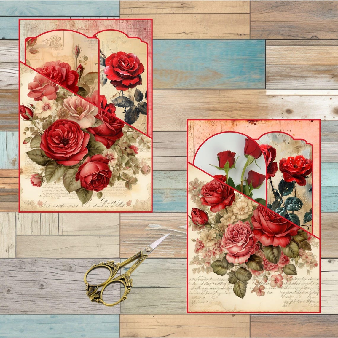 Red Roses Printable Pockets and Tags, Loaded Pocket Tags, Junk Journal ...
