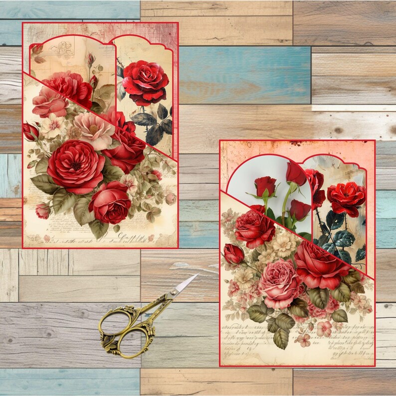 Red Roses Printable Pockets and Tags, Loaded Pocket Tags, Junk Journal ...