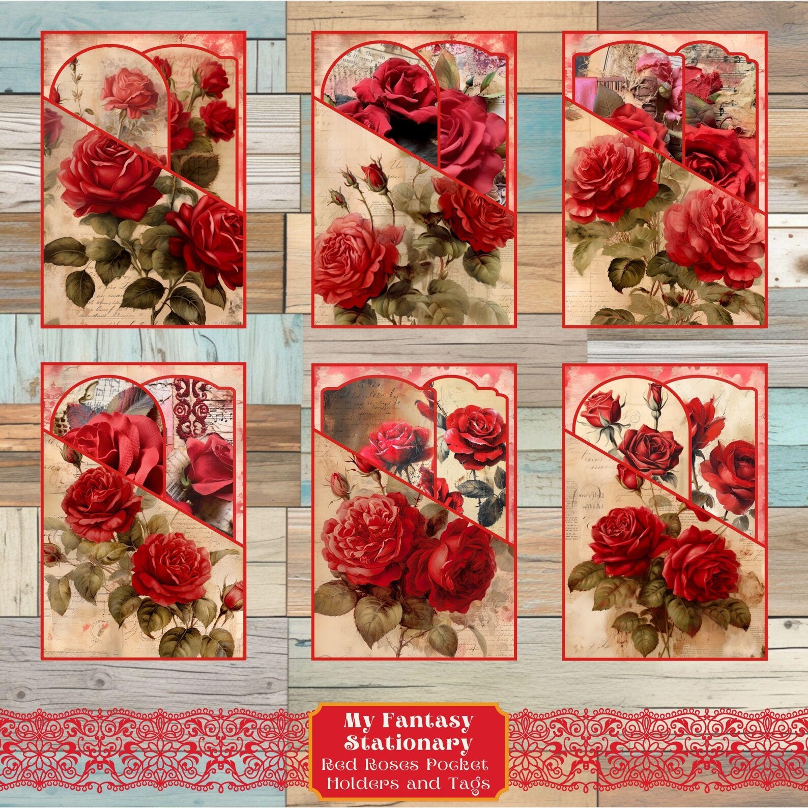 Red Roses Printable Pockets and Tags, Junk Journal Ephemera (digital ...