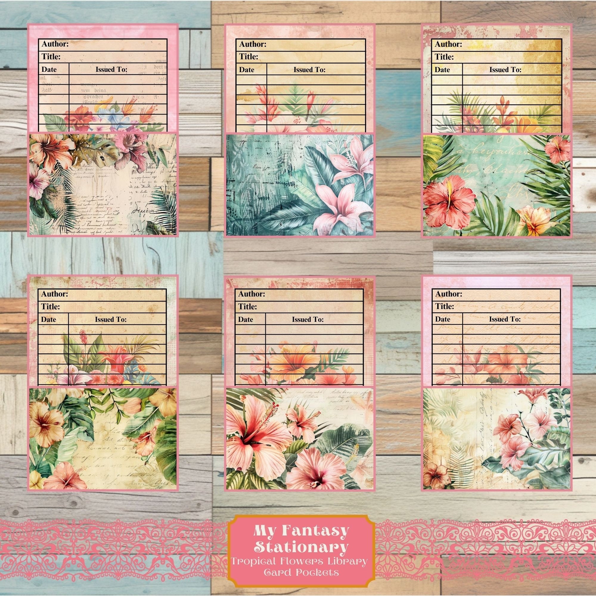 Tropical Flowers Library Pockets & Cards, Loaded Pocket Tags, Floral ...