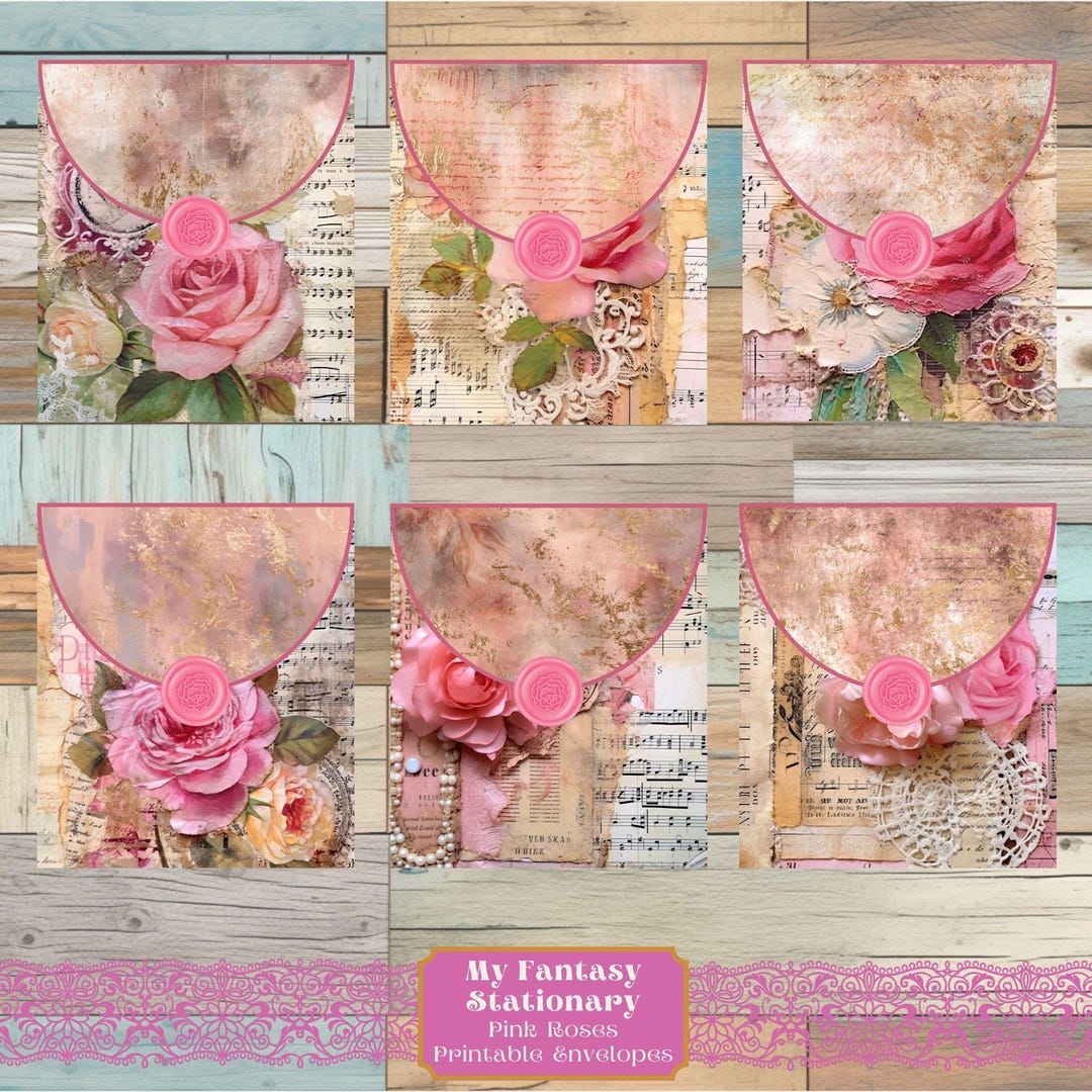 Pink Roses Flowers Printable Envelopes, Digital Printable Junk Journal ...