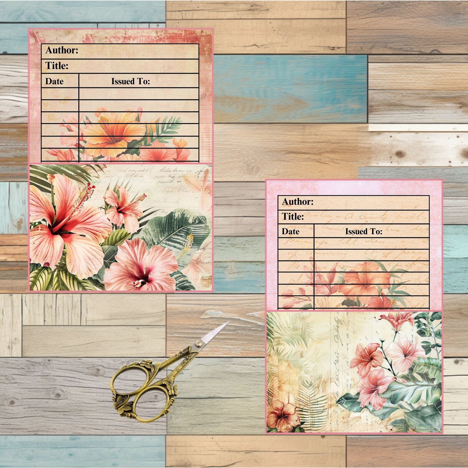 Tropical Floral Library Pocket Cards, Junk Journal Ephemera (digital ...