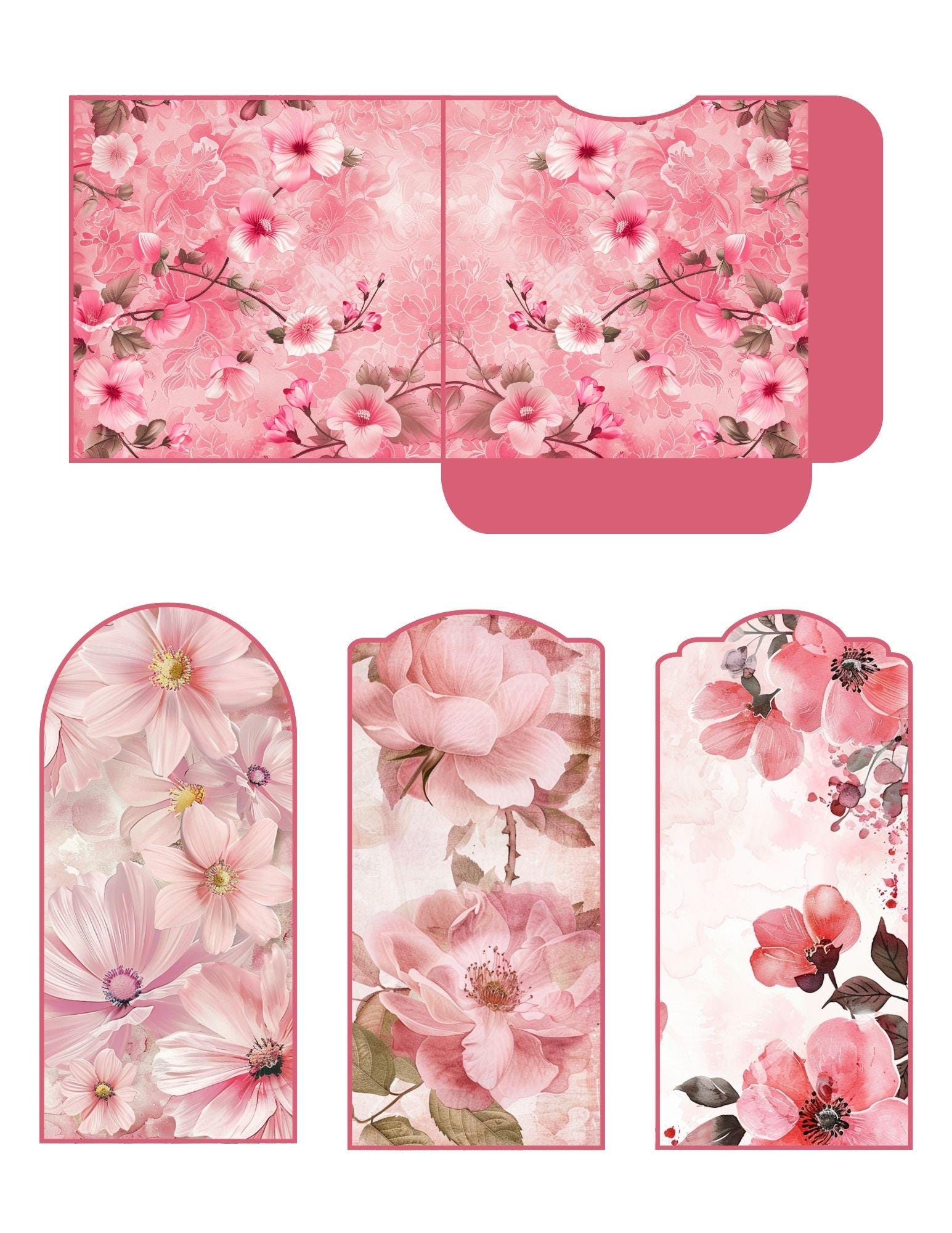 Pink Flowers Printable Pockets and Tags, Junk Journal Ephemera (digital ...