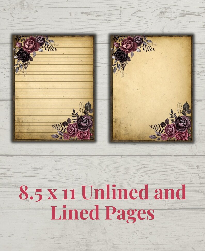 Red Rose Gothic Stationery, Vintage Lined Journal Pages (PDF Pattern ...