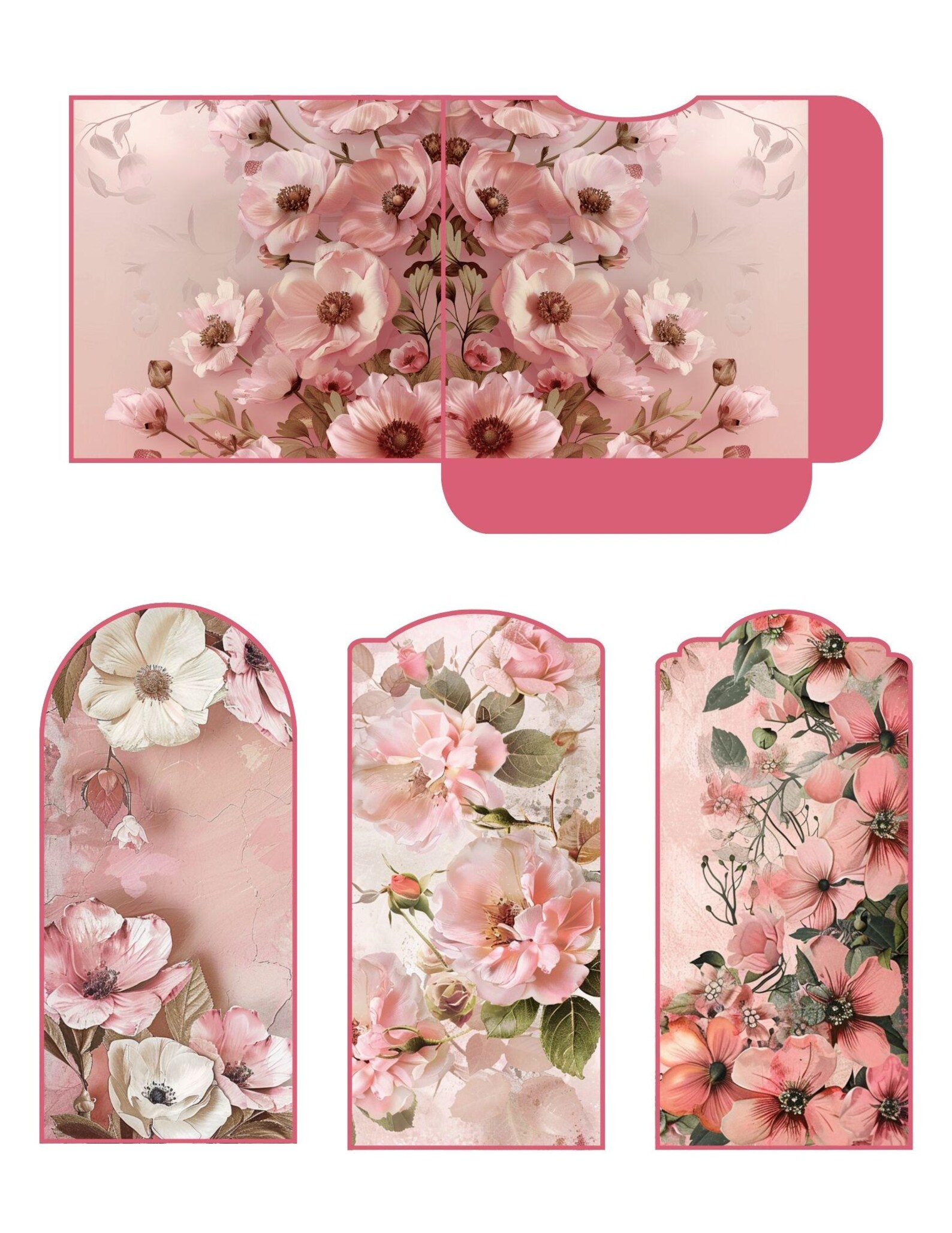 Pink Flowers Printable Pockets and Tags, Junk Journal Ephemera (digital ...