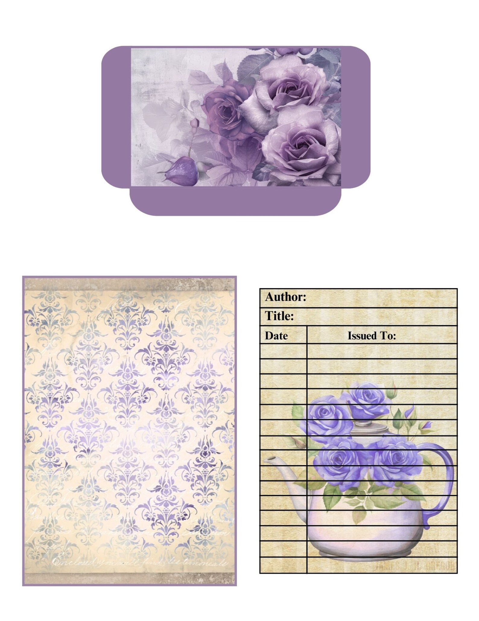 Purple Roses Library Pockets & Cards, Loaded Pocket Tags, Floral ...