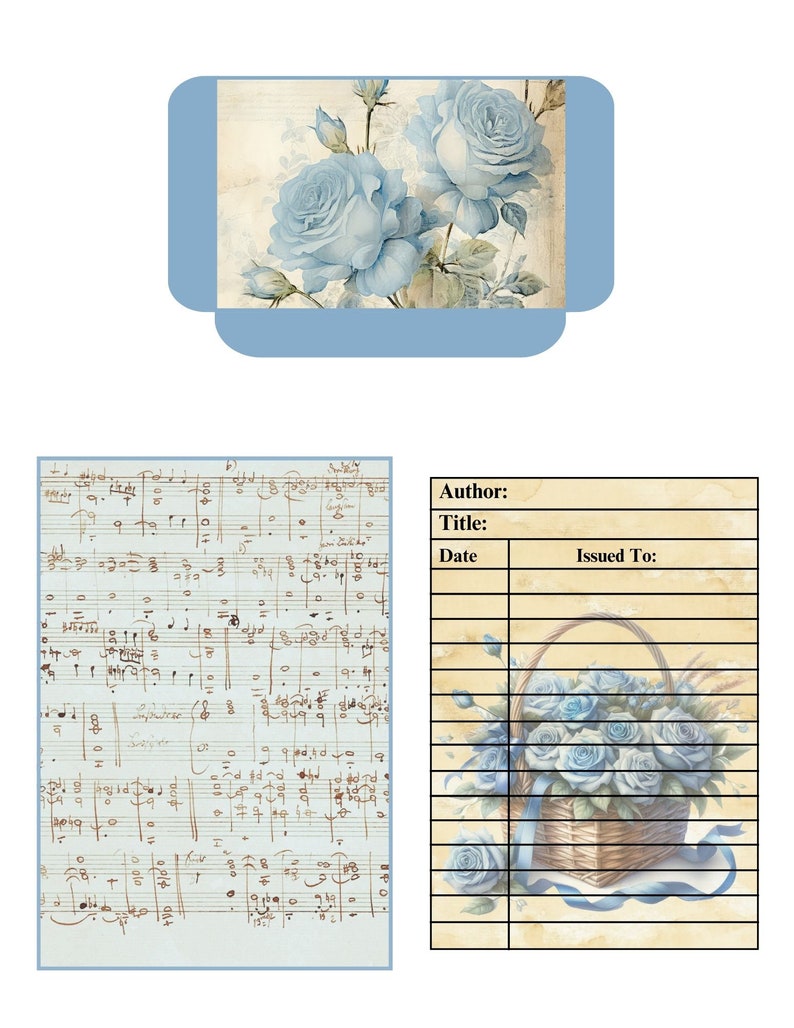 Blue Roses Library Pockets & Cards, Loaded Pocket Tags, Floral Ephemera ...