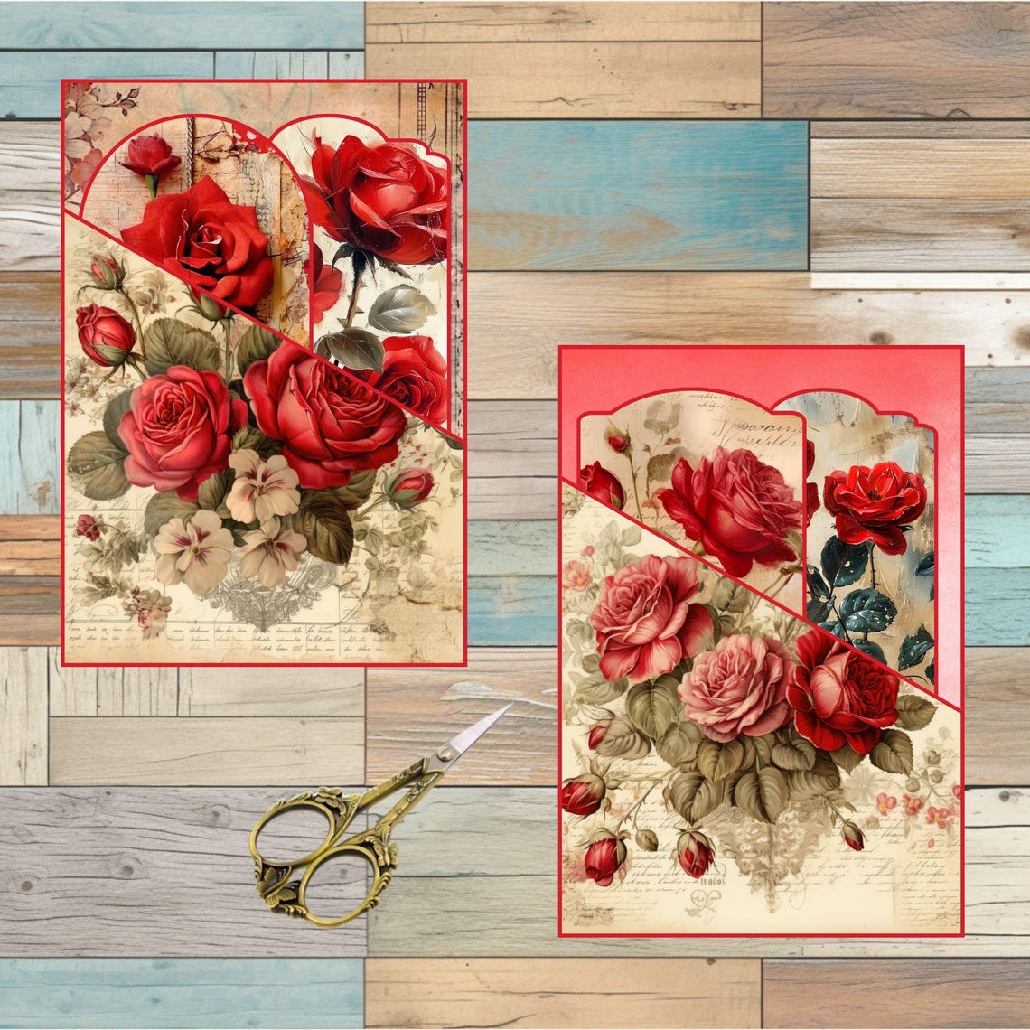 Red Roses Printable Pockets and Tags, Loaded Pocket Tags, Junk Journal ...