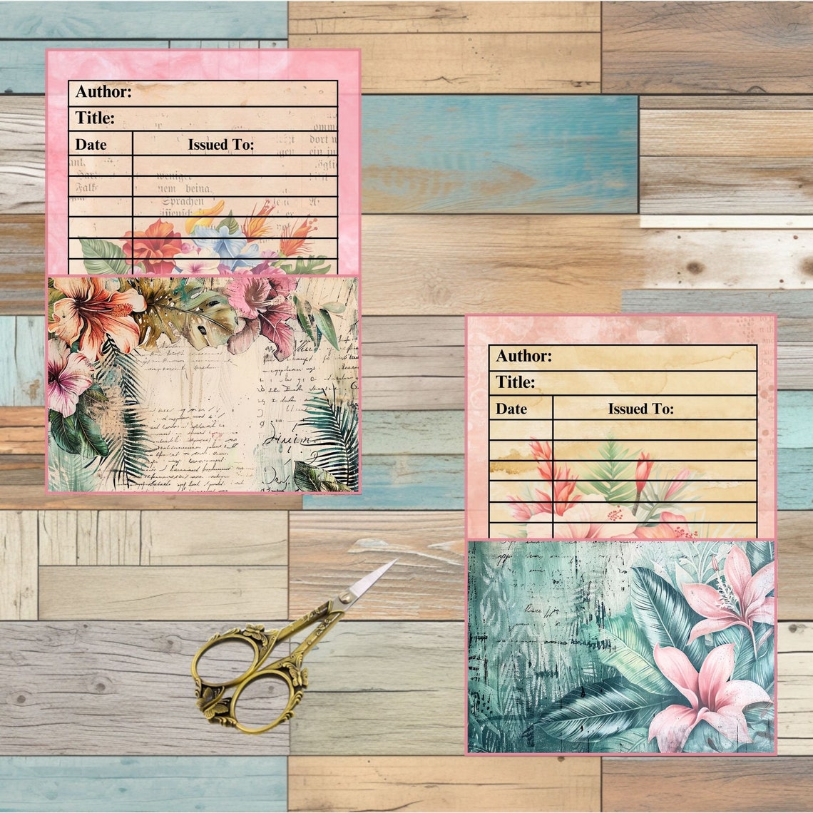 Tropical Flowers Library Pockets & Cards, Loaded Pocket Tags, Floral ...