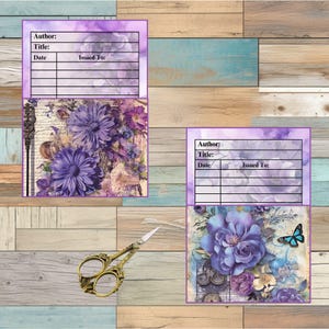 Purple Flowers Library Pocket Cards, Floral Ephemera (digital Download ...