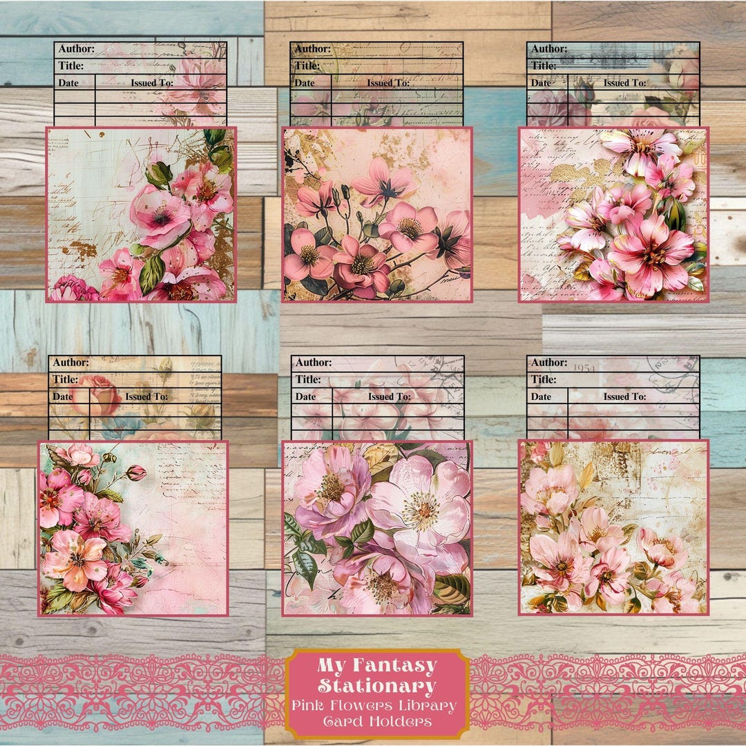 Pink Flowers Library Card Printable, Vintage Ephemera Pockets (digital ...