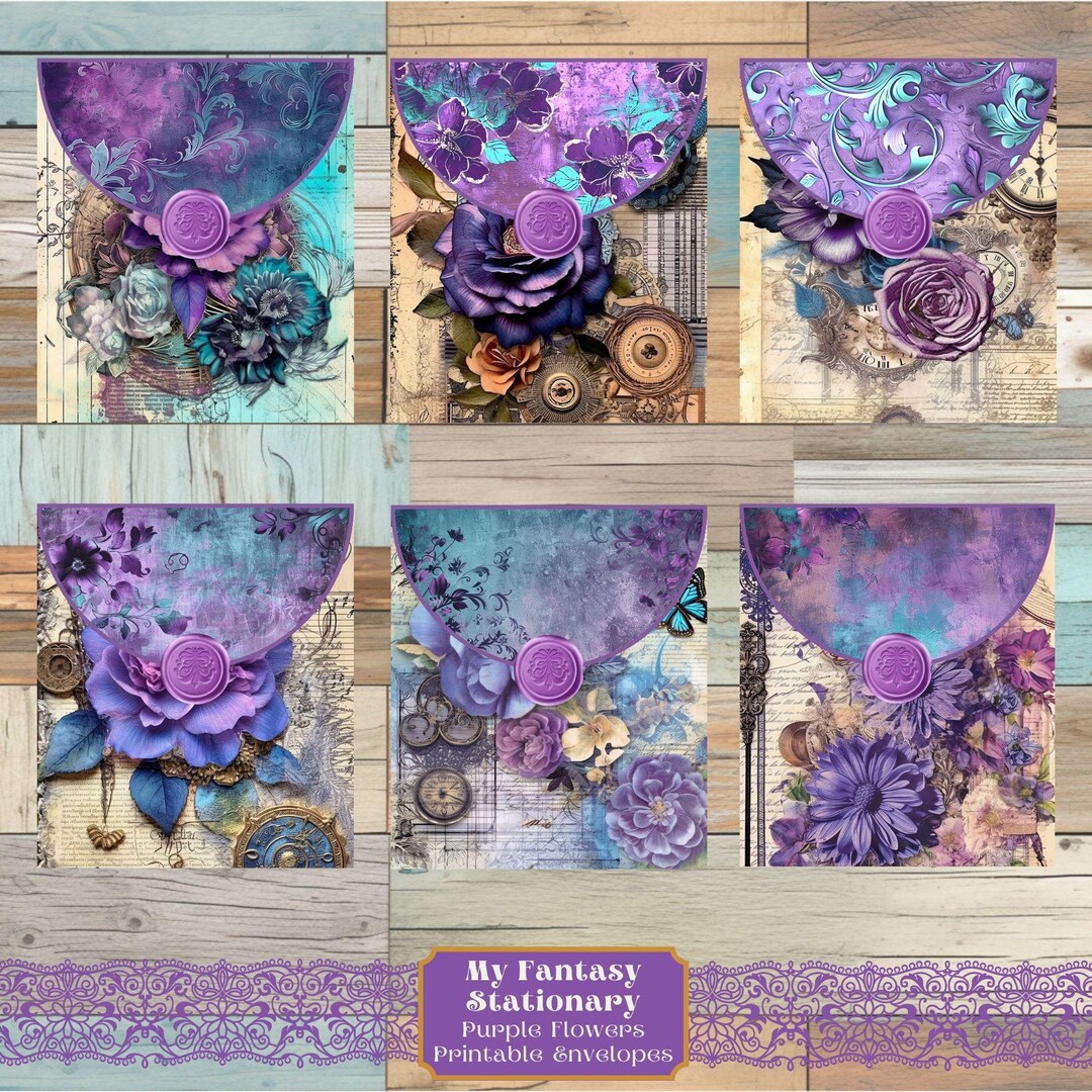Purple Flowers Printable Envelopes, Digital Printable Junk Journal ...