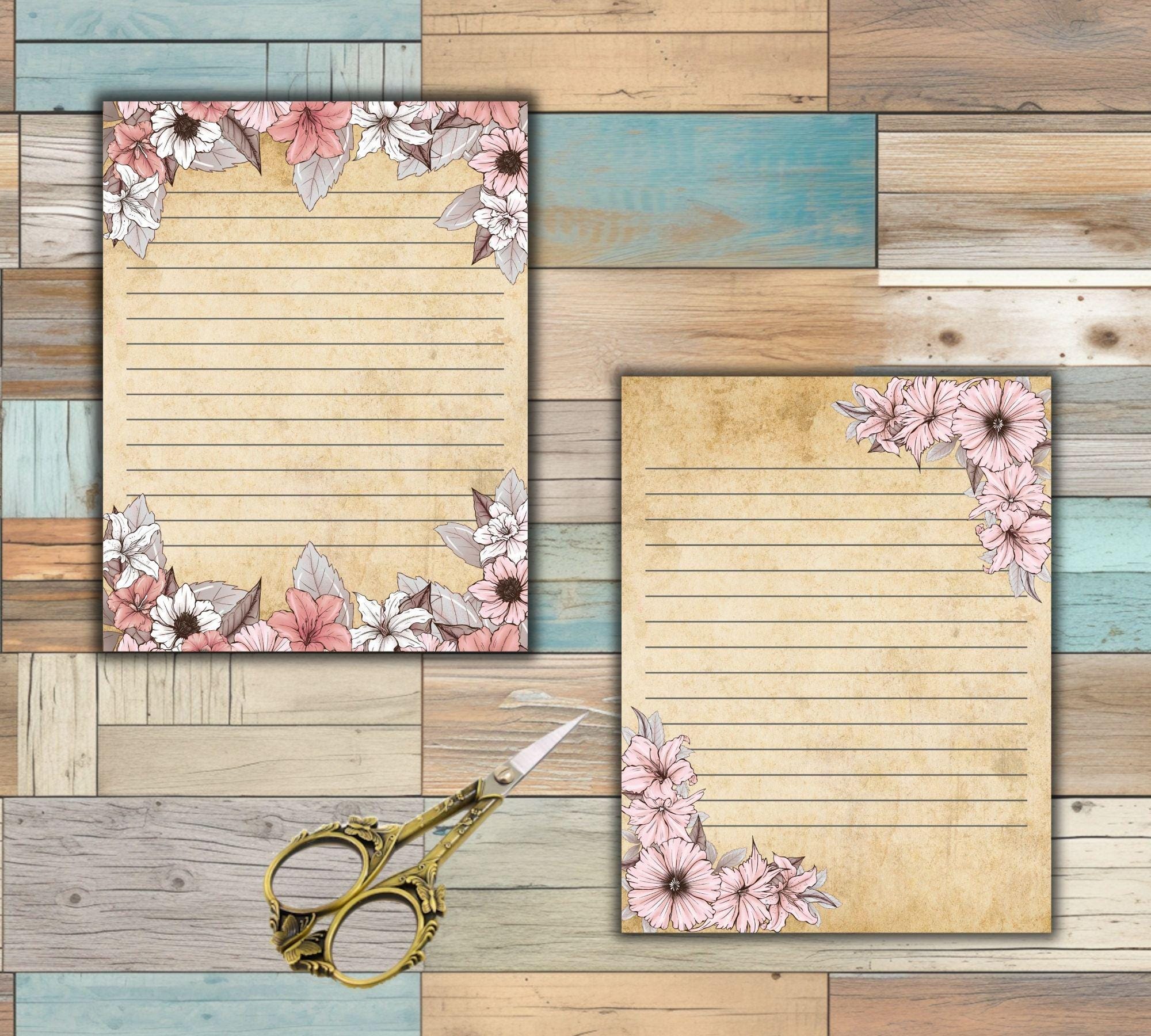 Pink Flowers Printable Stationery, Vintage Writing Paper (digital ...