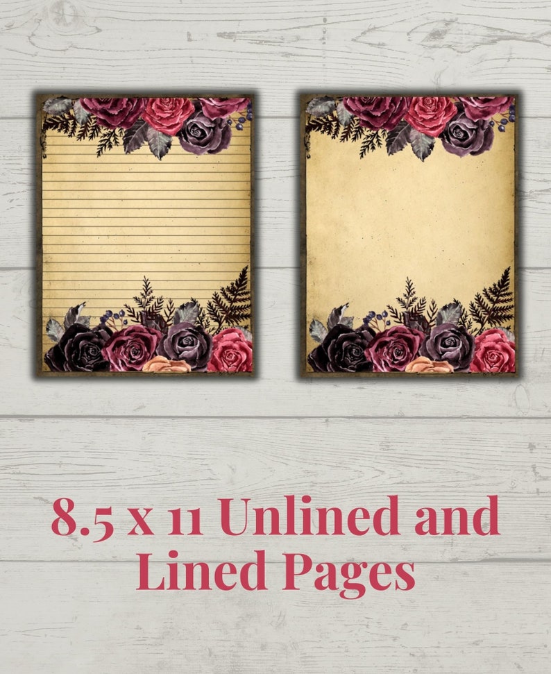 Red Rose Gothic Stationery, Vintage Lined Journal Pages (PDF Pattern ...