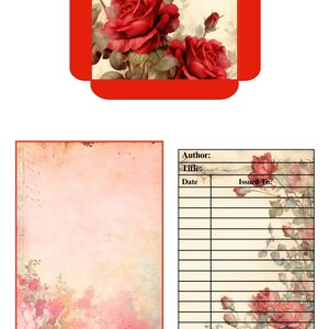 Red Roses Library Pockets & Cards, Loaded Pocket Tags, Floral Ephemera ...