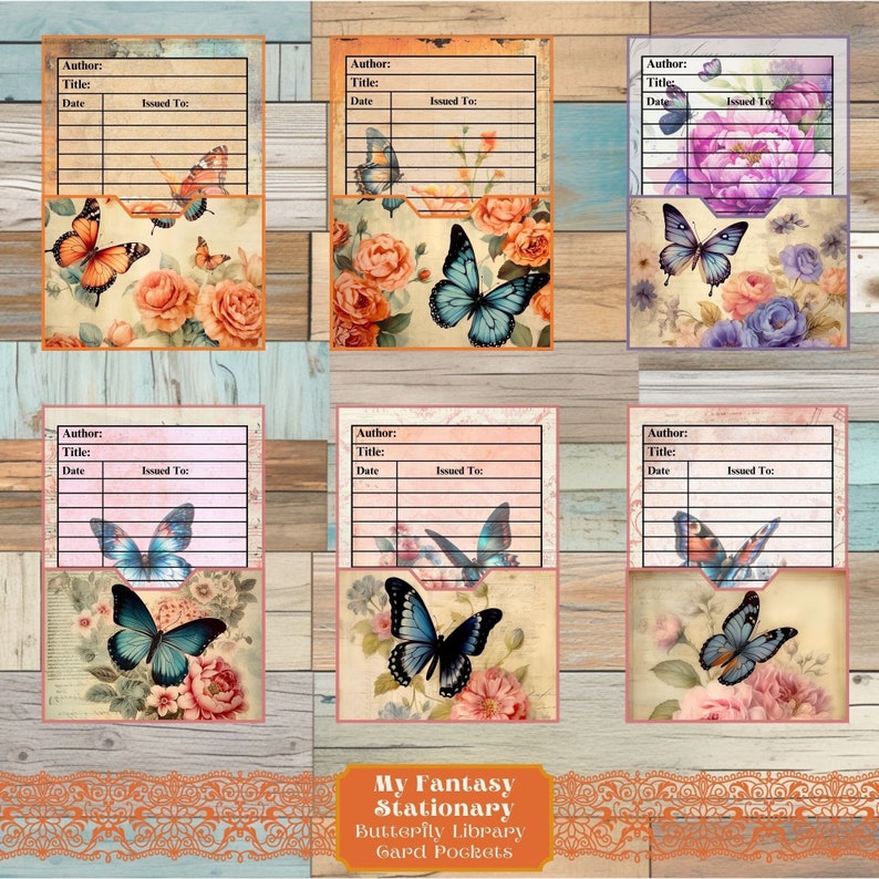 Butterfly Library Pockets & Cards, Loaded Pocket Tags, Floral Ephemera, Junk Journal Pockets ...