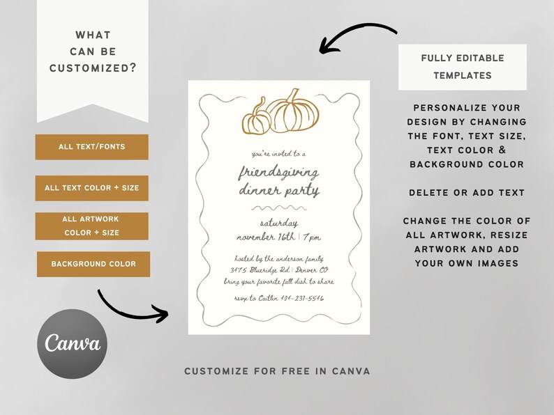 FRIENDSGIVING INVITATION, Squiggle Pumpkin Dinner Party Invite Template ...