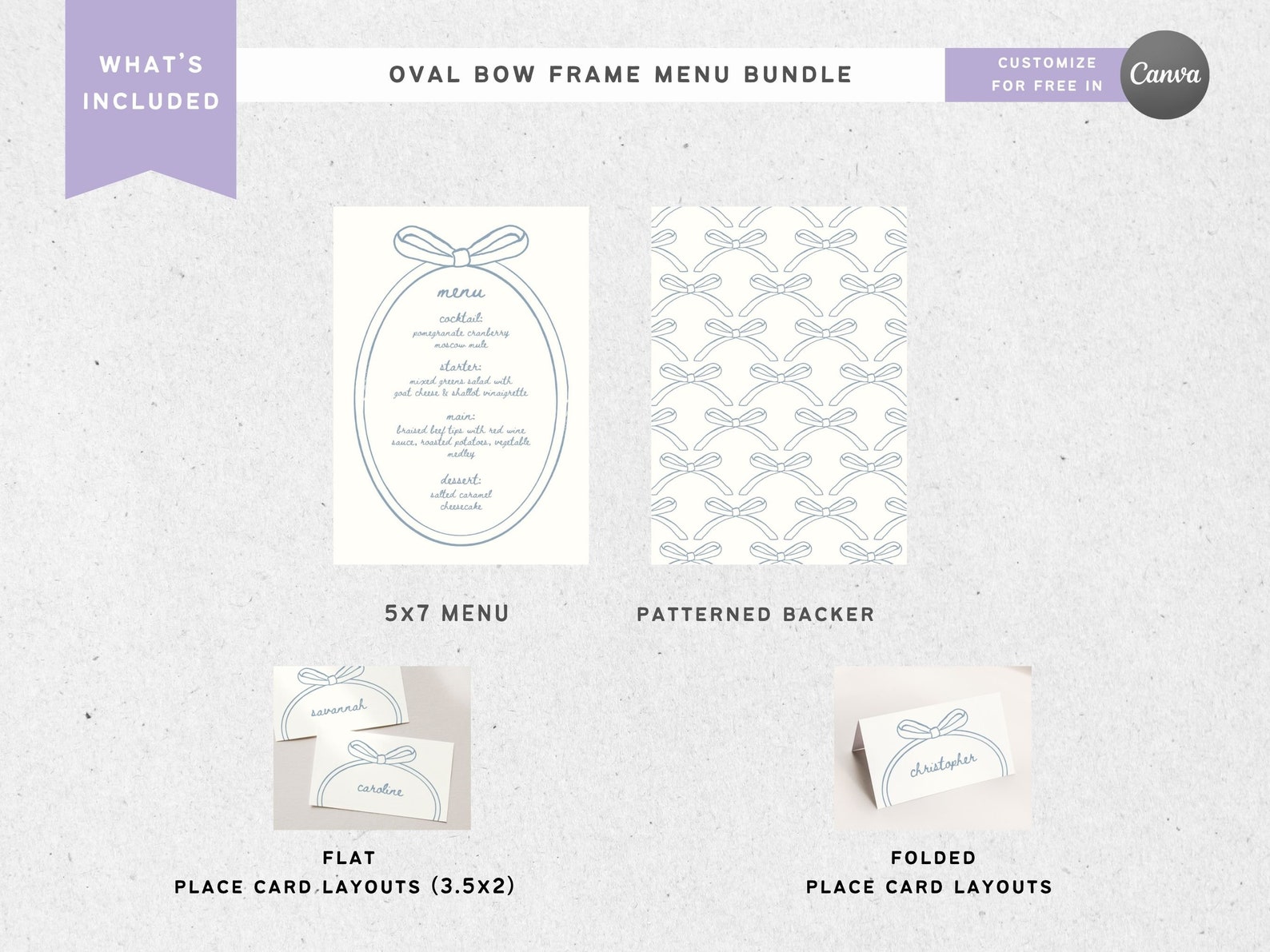 Bow Ribbon Menu & Placecard Template, DIY Bow Brunch Menu, Wedding Menu ...