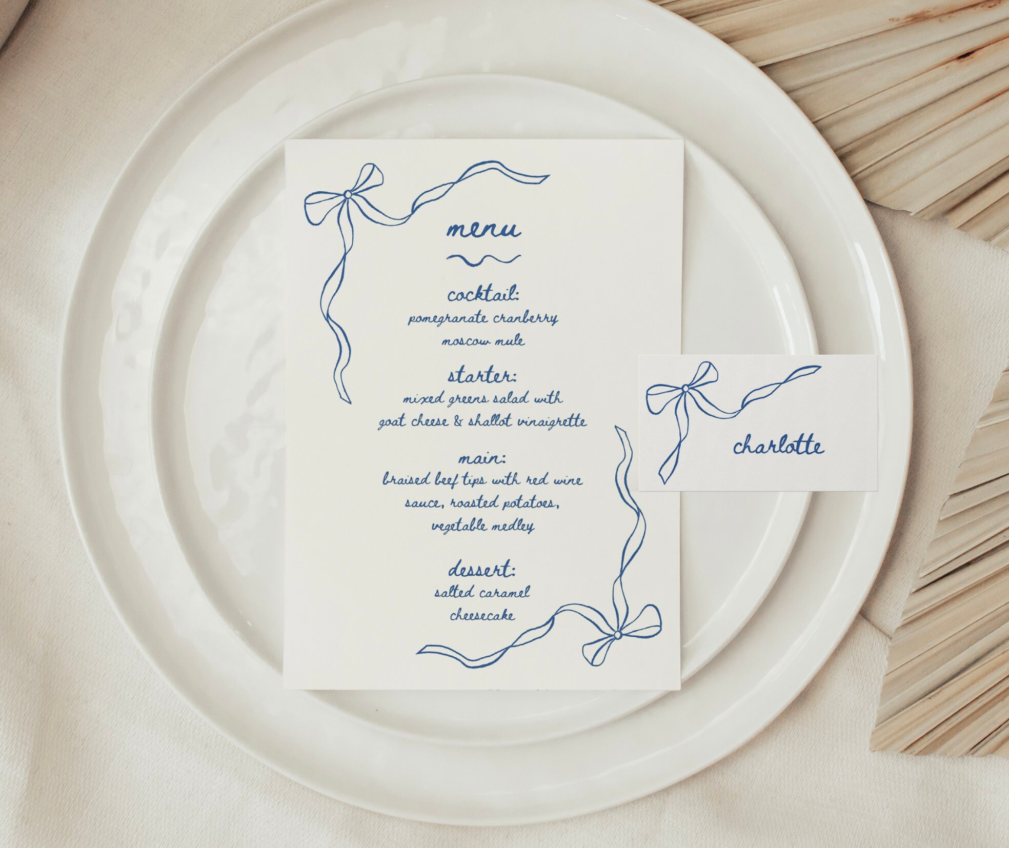 Ribbon Bow Invite Menu & Placecard Template, DIY Dinner Party Birthday ...