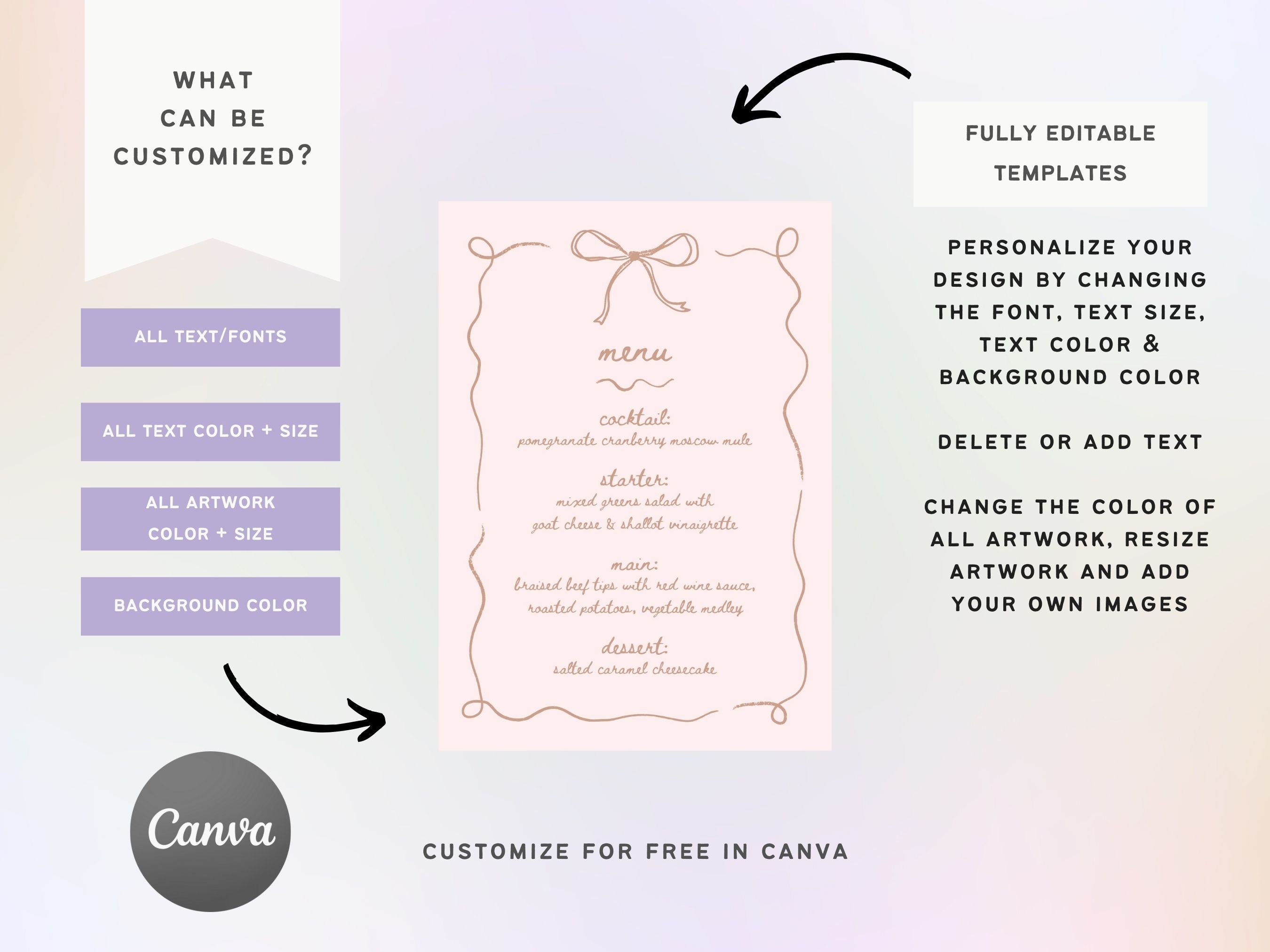 Sweet Bow Menu & Placecard Template, DIY Bow Brunch Menu, Wedding Menu ...