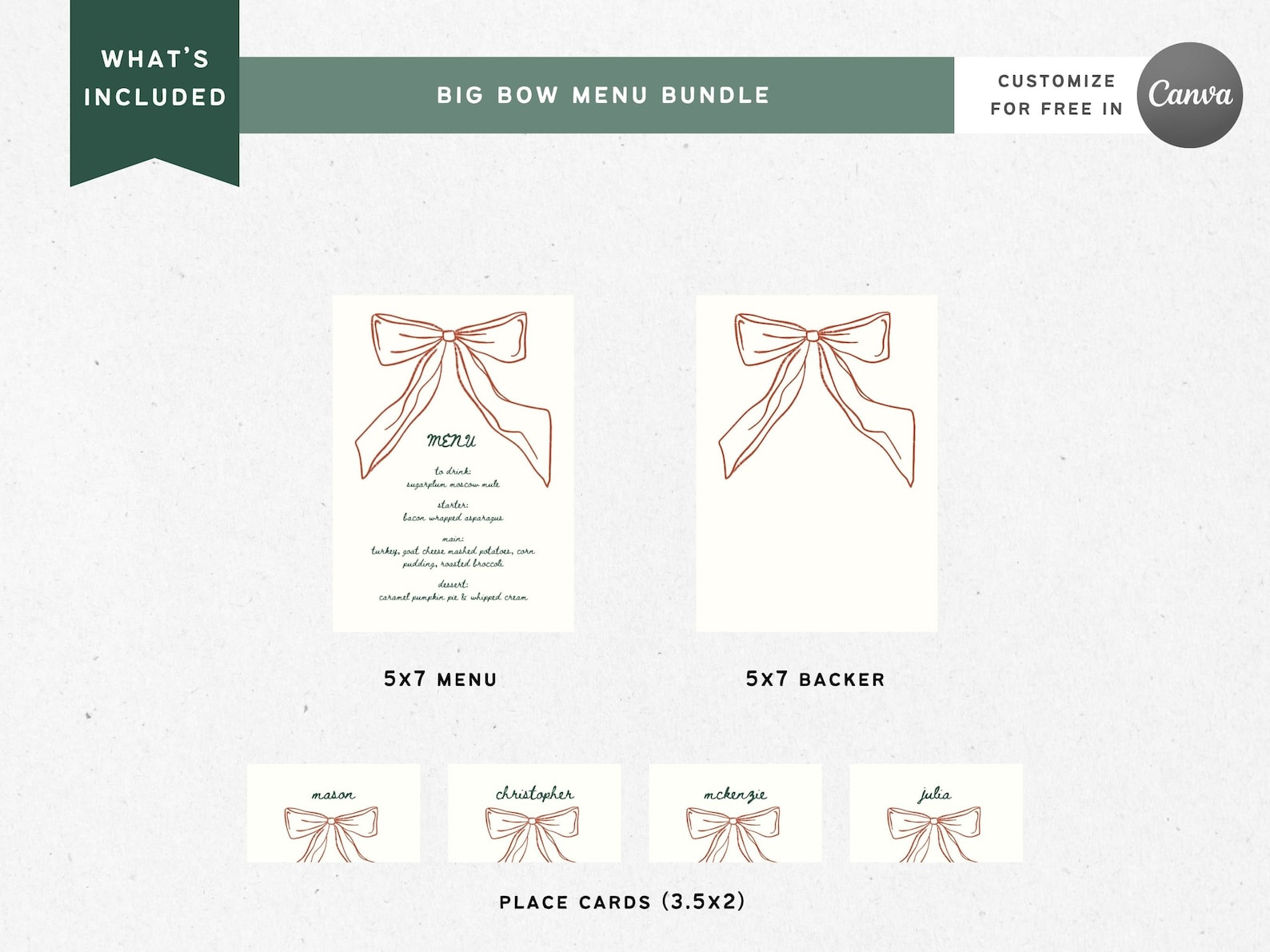 Big Bow Menu & Placecard Template, DIY Dinner Party Invitation, Hand ...